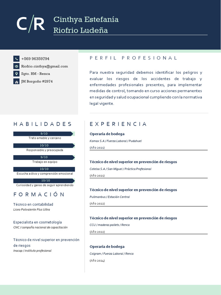 Cinthya R. CV 2024 | PDF | Peligros | Relaciones laborales