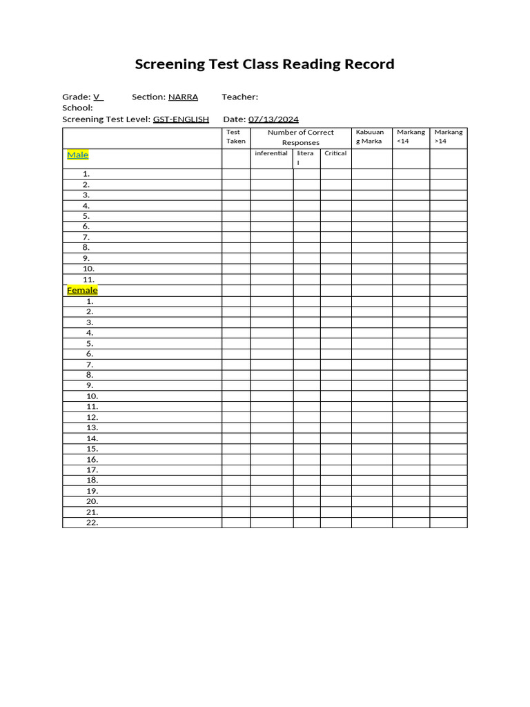 Grade V English Screening Test Record | PDF