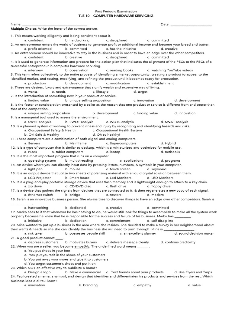 FIRST PERIODIC EXAM G10 TLE | PDF | Computer Network | Laptop