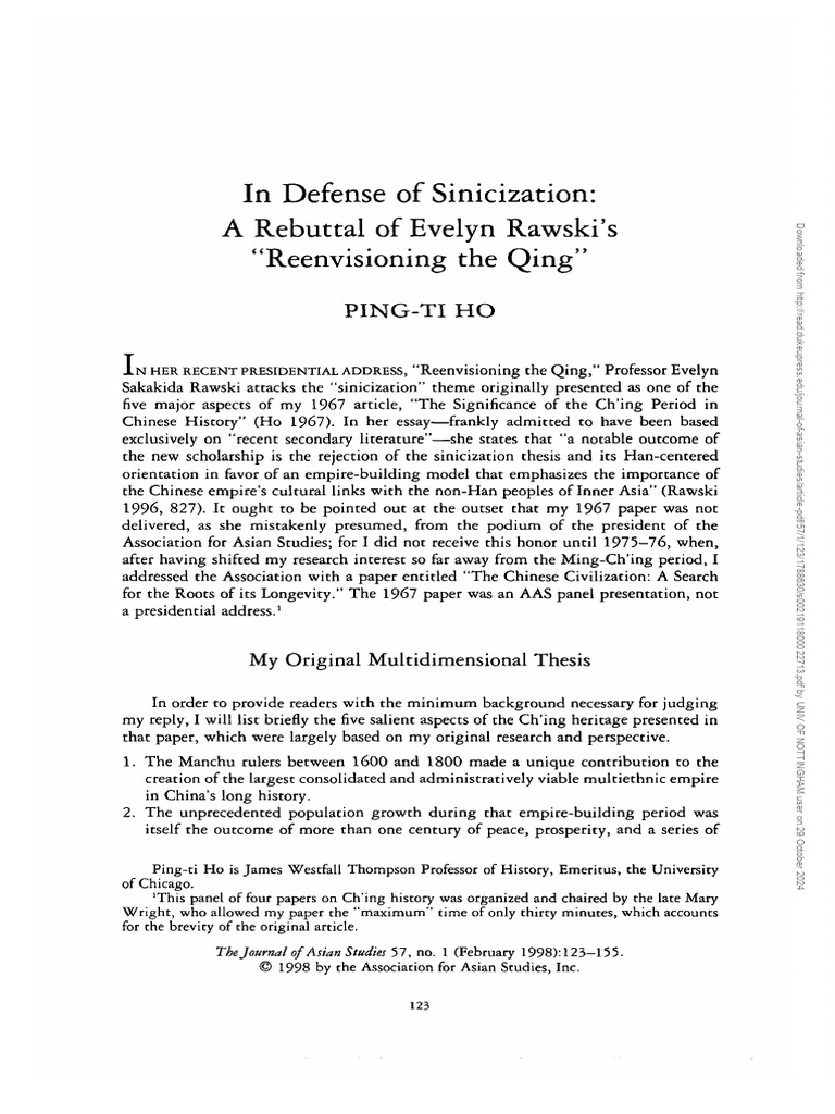 Ping-Ti Ho in Defense of Sinicization A Rebuttal of Evelyn Rawksi's ...