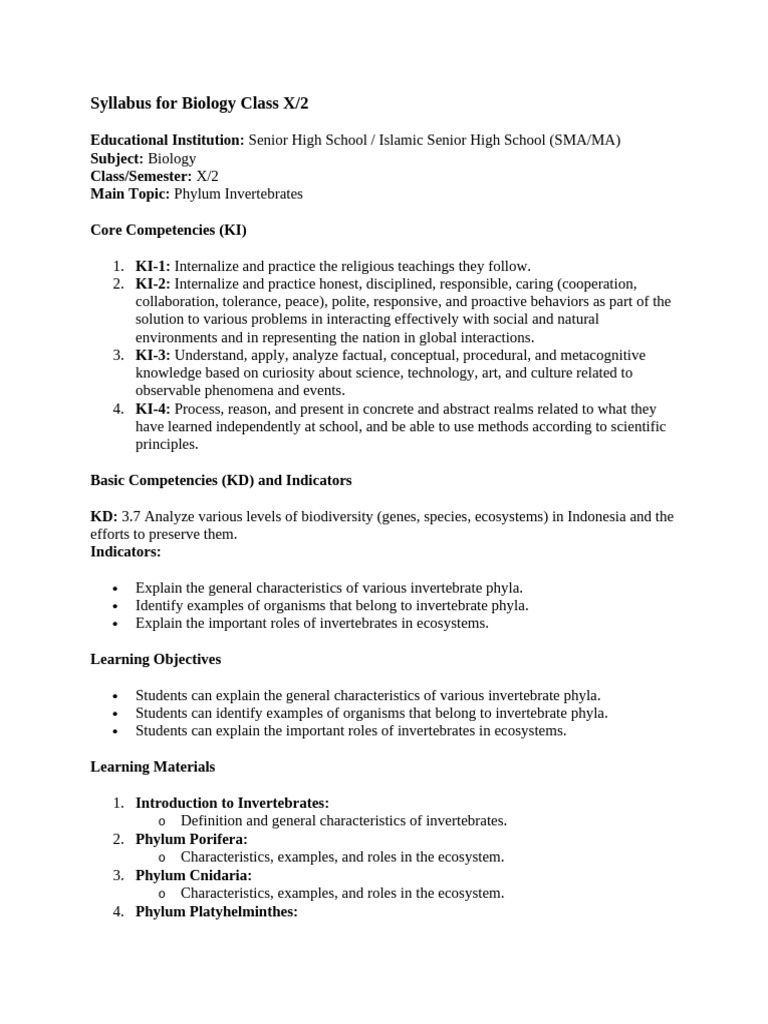 Syllabus For Biology Class X | PDF | Invertebrate | Science