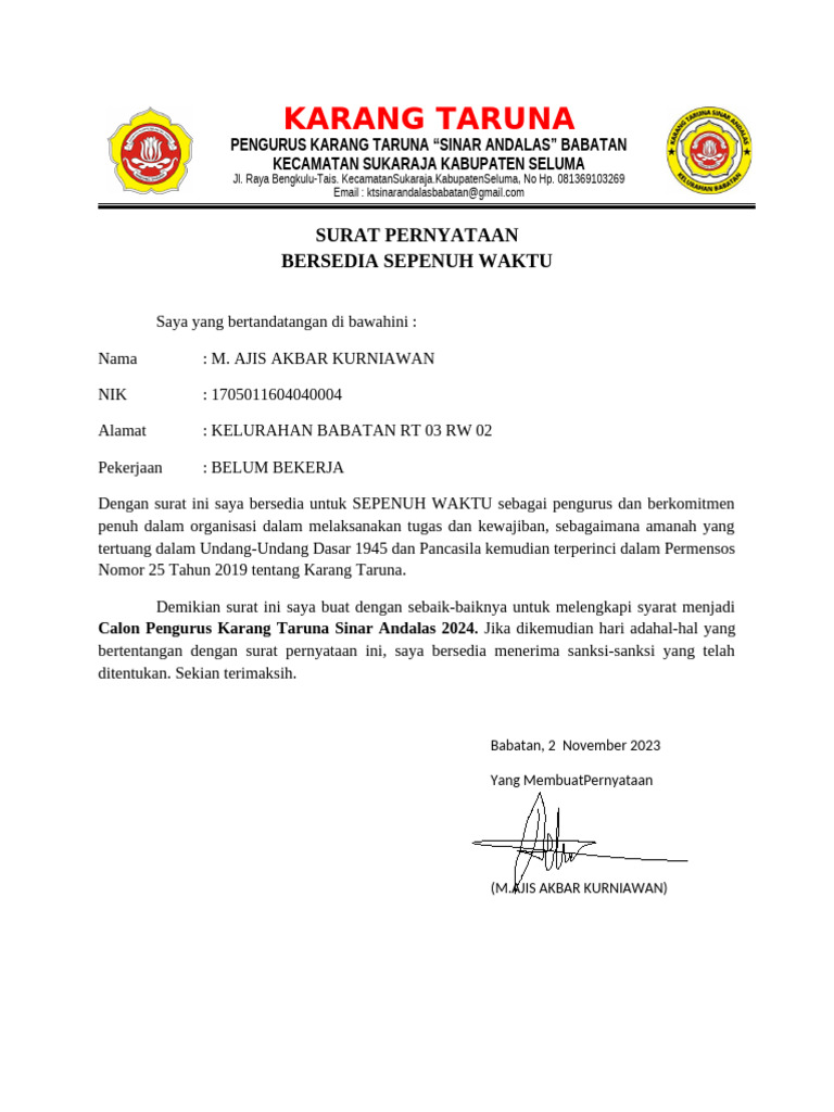 Surat Pernyataan Karang Taruna | PDF
