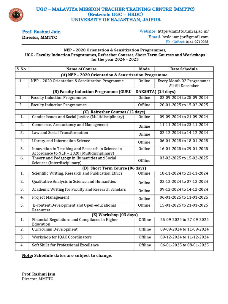 Programmes Schedule For The Year 2024-2025 | PDF | Interdisciplinarity ...