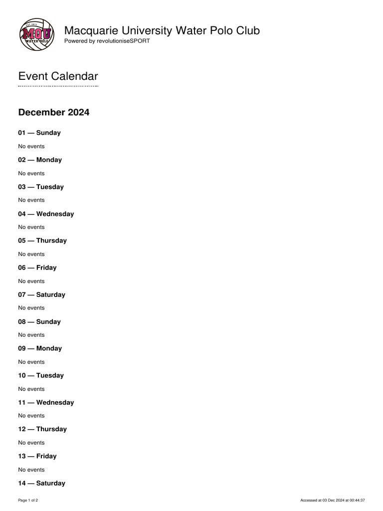 Macquarie University Water Polo Club Event Calendar | PDF