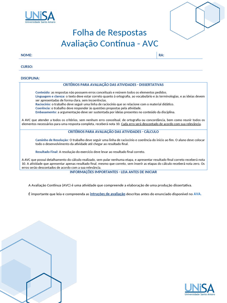 Folha de Resposta - AVa (1) 254 | PDF