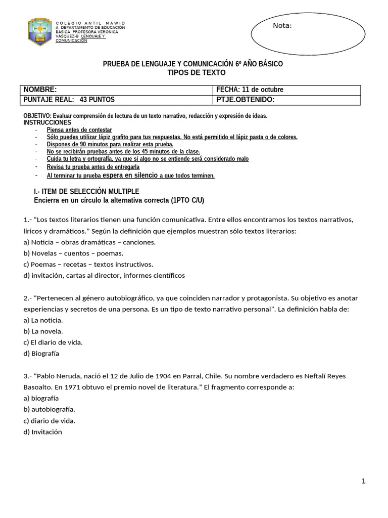 Prueba Tipos de Texto 6to Basico | PDF | Cuentos | Comunicación
