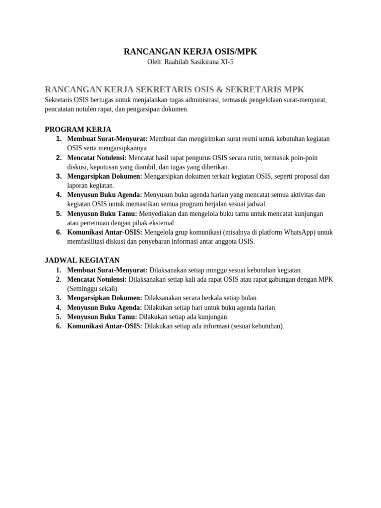 Rancangan Kerja Osis-Mpk-1 | PDF