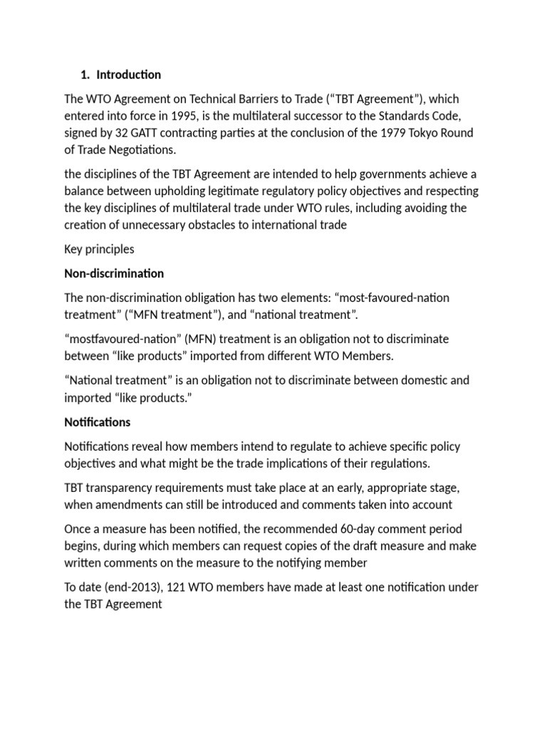 WTO TBT Agreement Overview and Principles | PDF