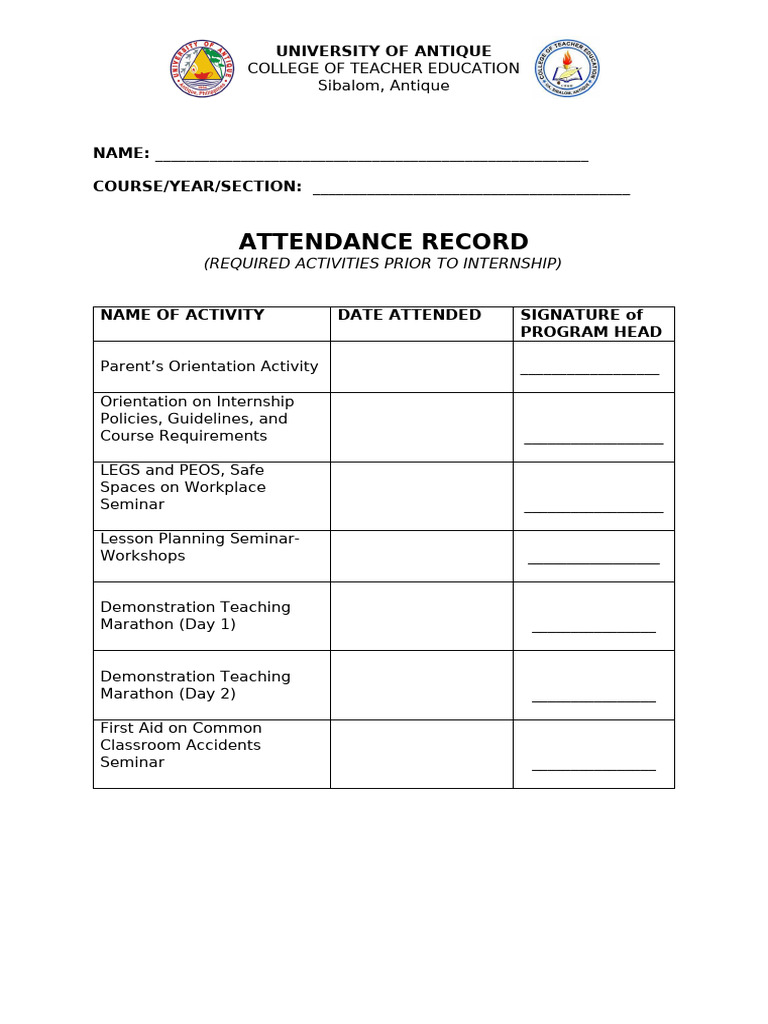 Teacher Internship Attendance Record | PDF