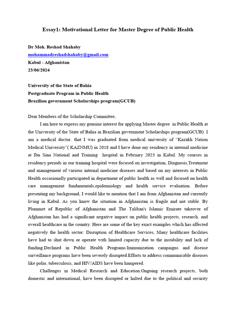 Essay (1) MPH - Mohammad Reshad Shahaby | PDF | Public Health | Medical School