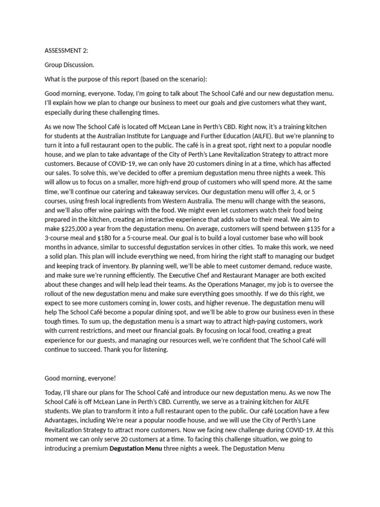 Task 2 - Group Meeting - Purpose of The Report | PDF | Menu | Restaurants