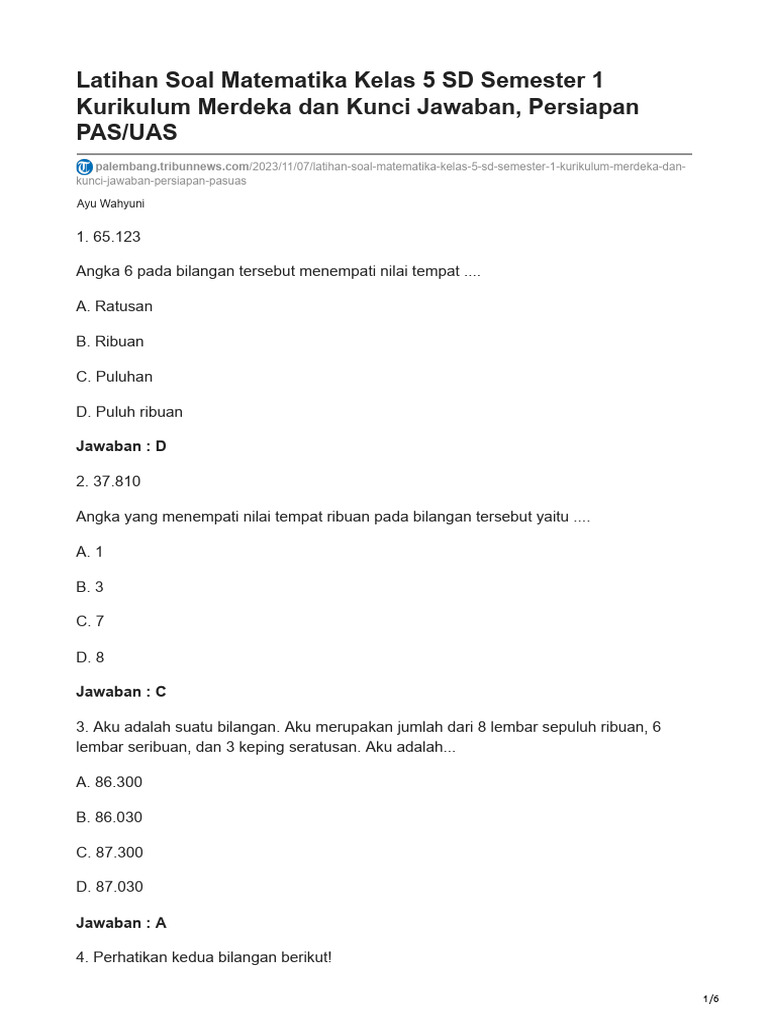 Latihan Soal Matematika Kelas 5 SD Semester 1 Kurikulum Merdeka Dan Kunci Jawaban | PDF