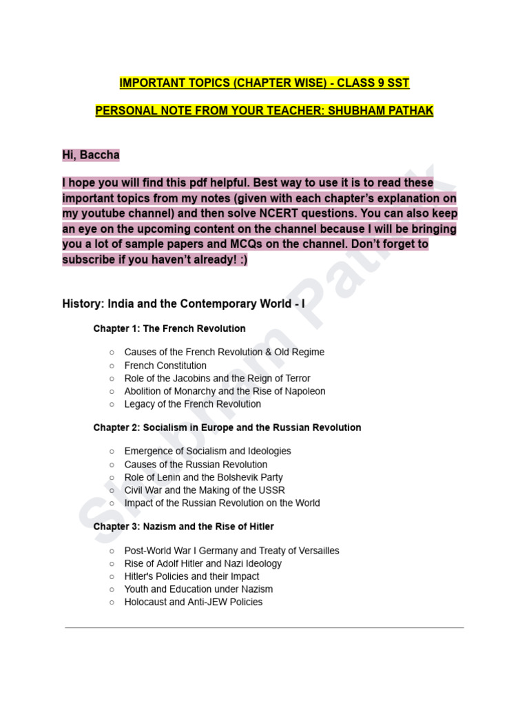 Important Topics (Chapter Wise) - Class 9 SST | PDF | Nazism | Himalayas