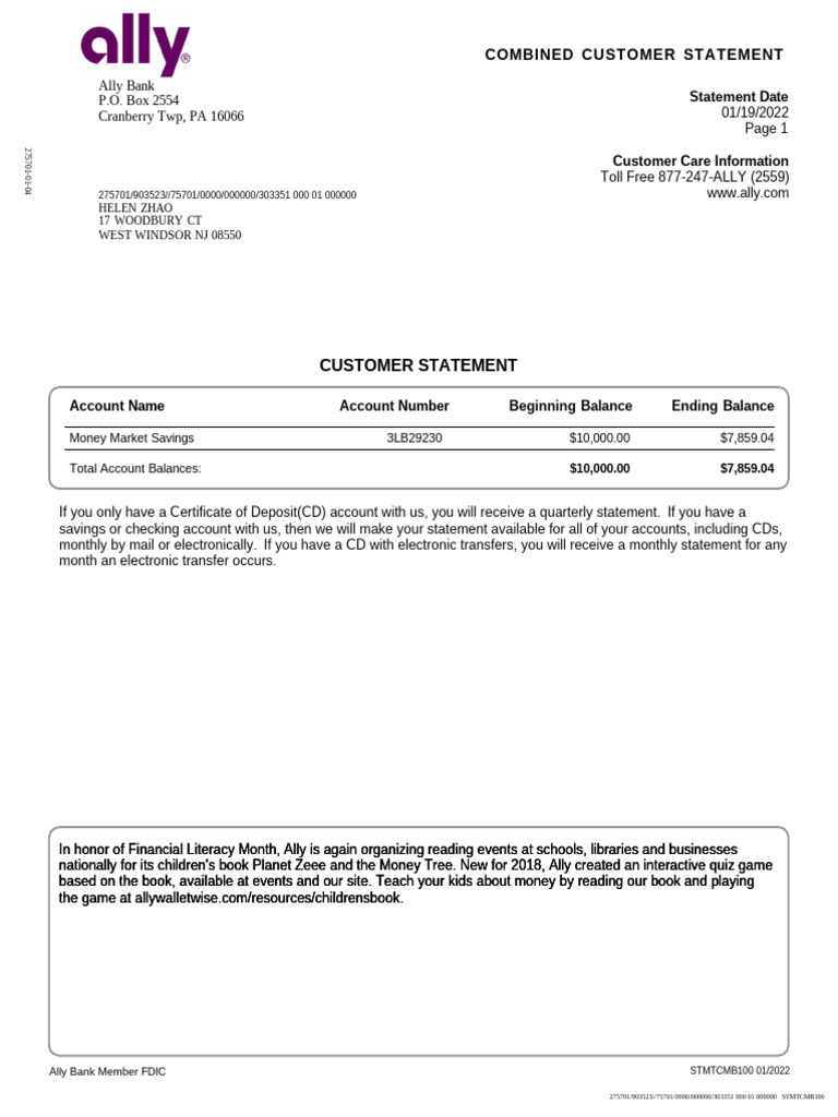 Ally Bank Customer Statement Summary | PDF | Overdraft | Banks