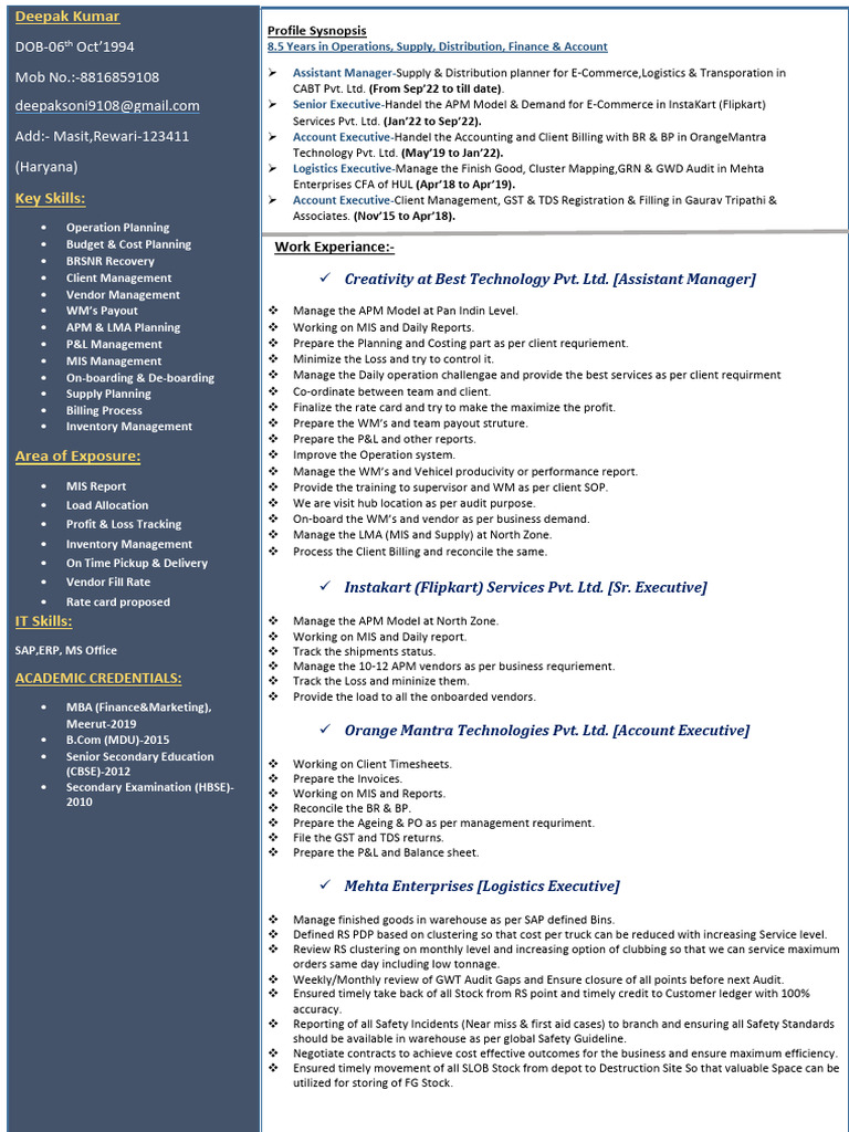 Deepak Kumar Resume | PDF | Logistics | Business