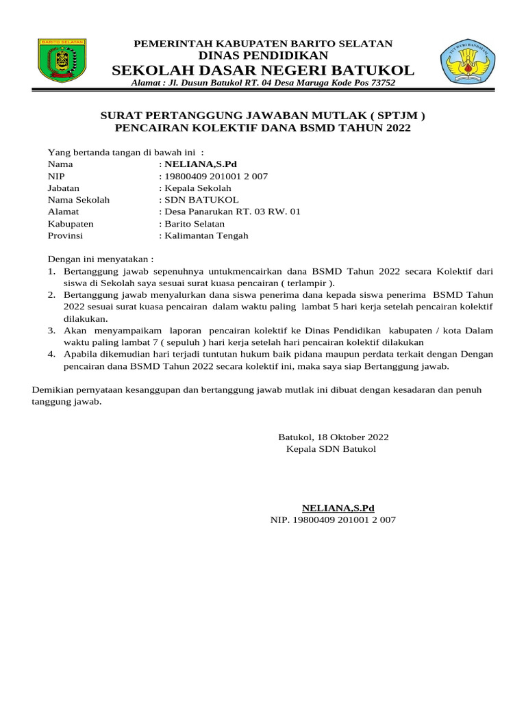 SPTJM Pencairan Dana BSMD 2022 SDN Batukol | PDF