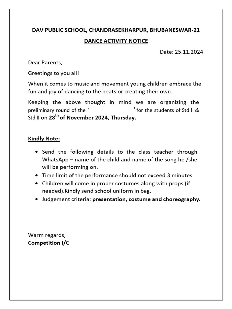 Dance Activity Notice for Std I & II | PDF