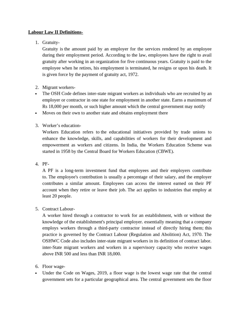 Labour Law II Definitions | PDF | Employment | Labour Law