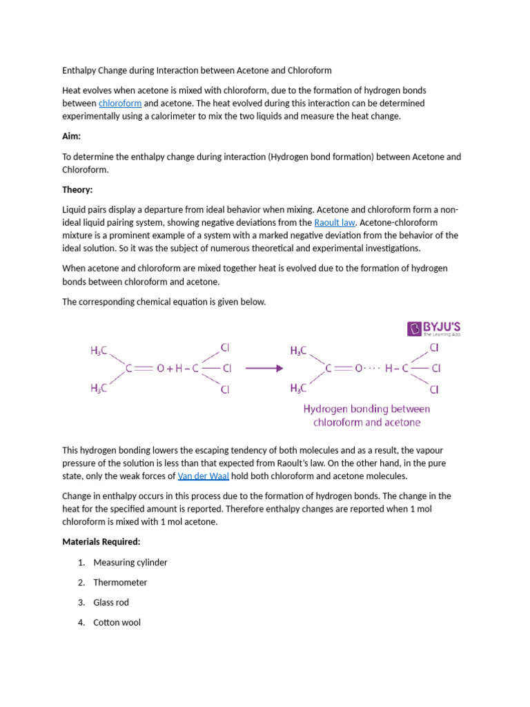 Enthalpy Change During Interaction Between Acetone and Chloroform ...