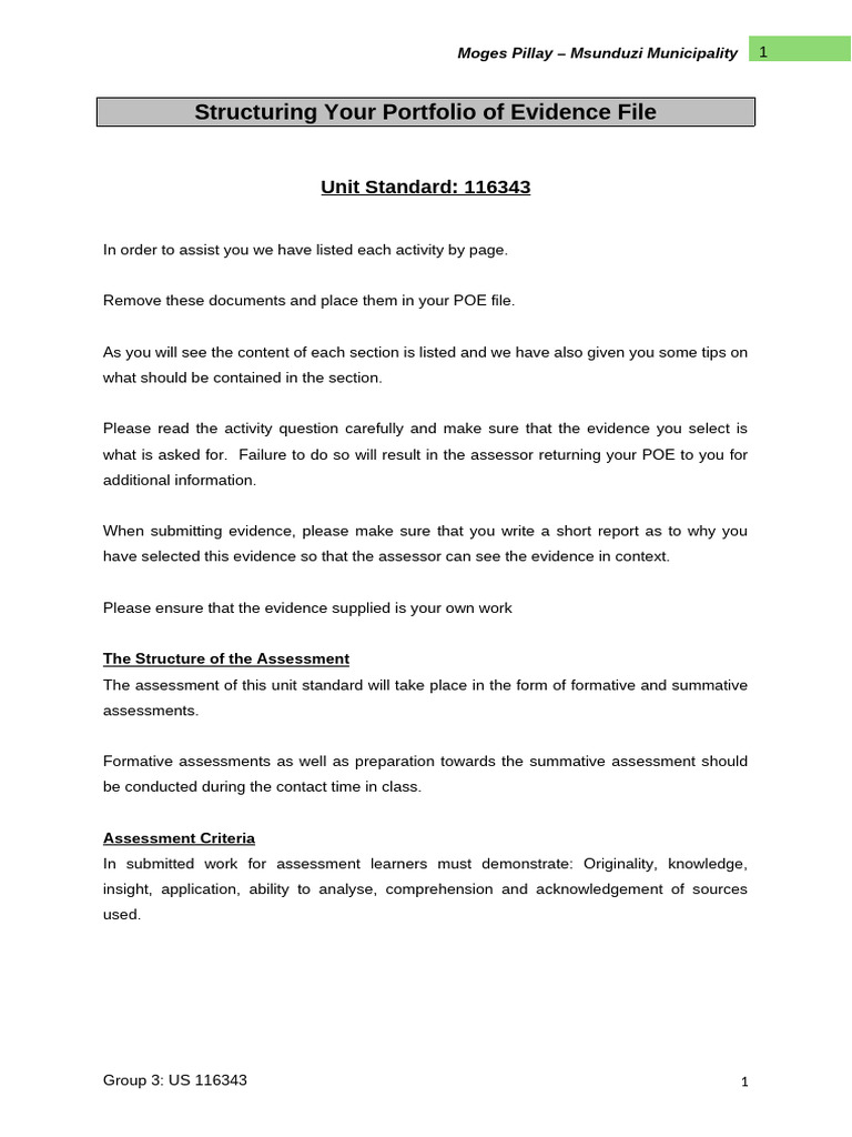 Structuring Your Portfolio of Evidence File: Unit Standard: 116343 ...