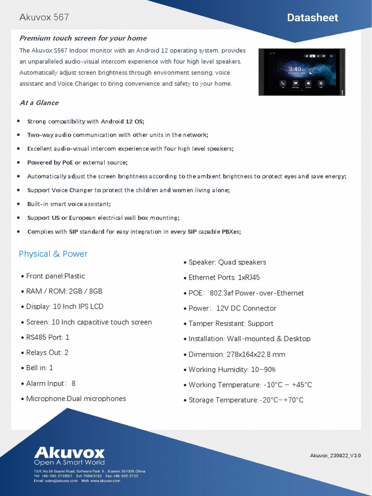 Akuvox S567 Datasheet V3.0 | PDF