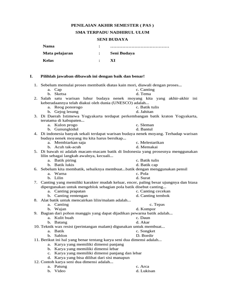 Soal Pas Seni Budaya Kelas Xi | PDF