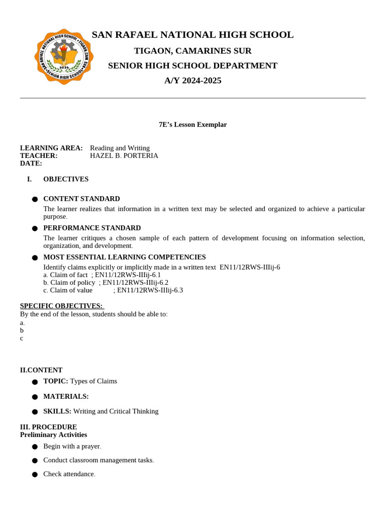Lesson Exemplar1 - Types of Claims | PDF
