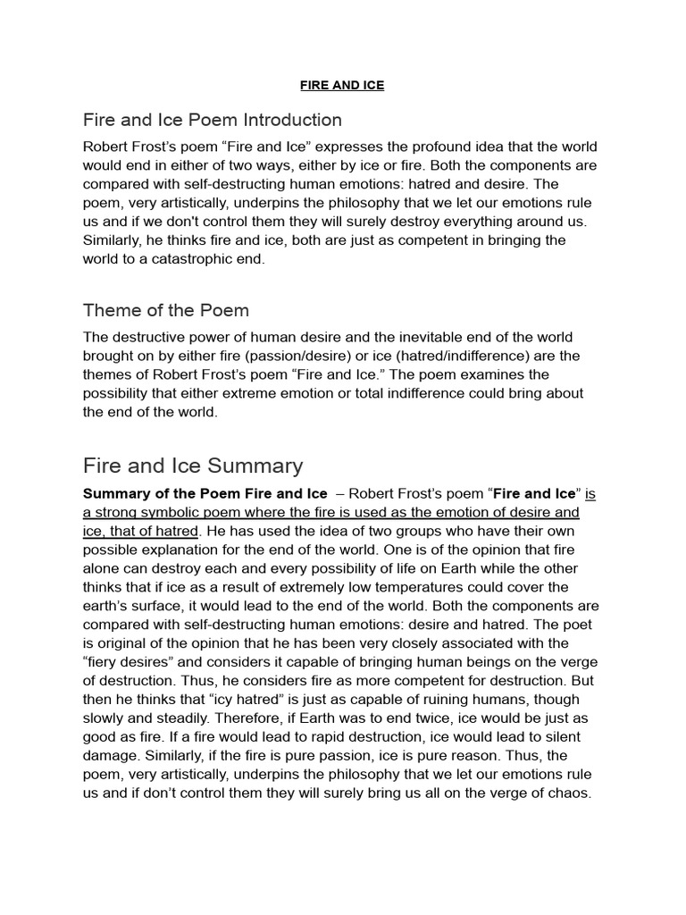 FIRE AND ICE extra questions | PDF | Greed | Poetry