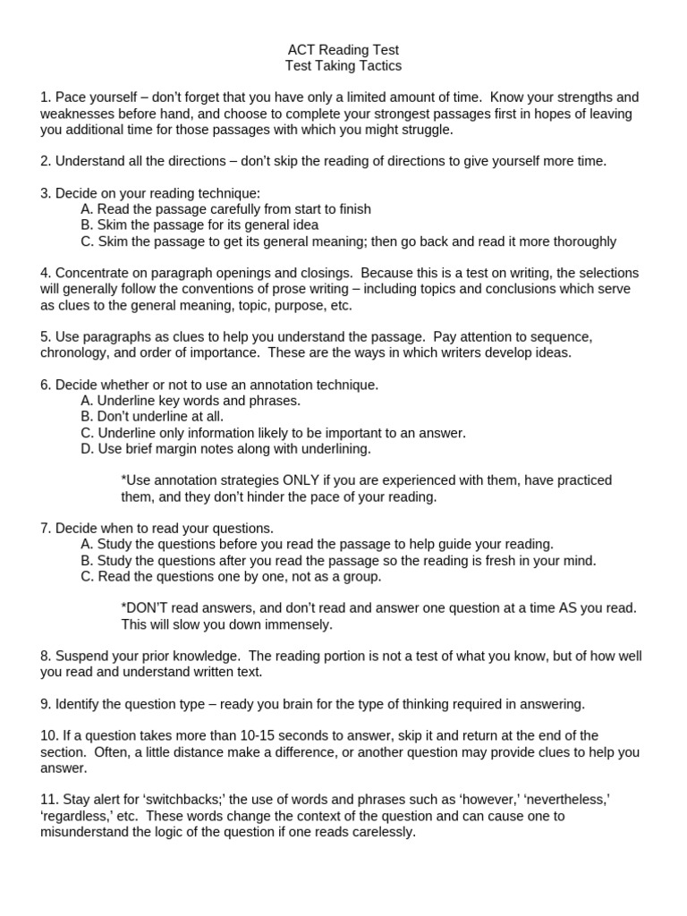 ACT Reading Test-Tactics | PDF | Question | Information
