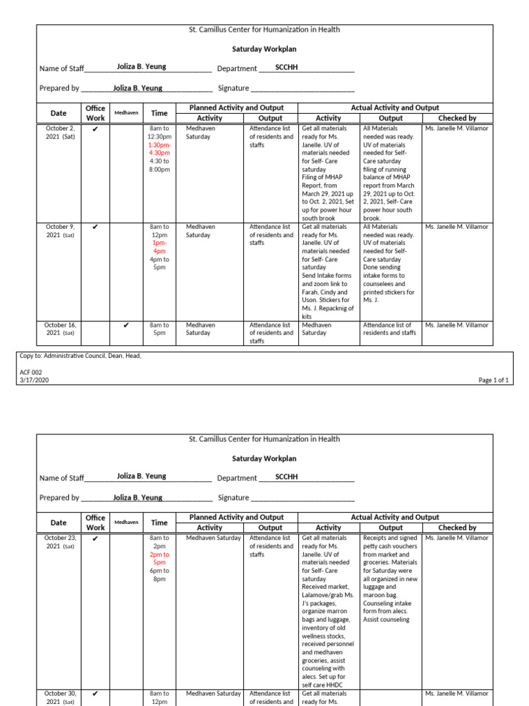 Work Plan Saturdays Joli | PDF