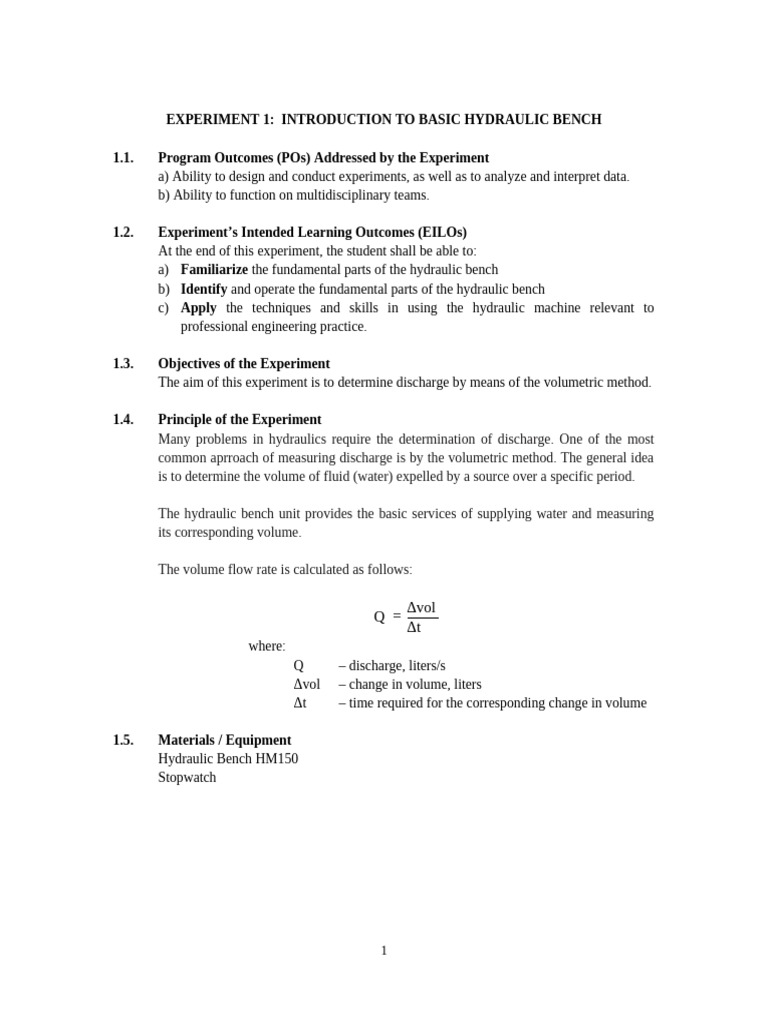 01-Introduction-to-Basic-Hydraulic-Bench | PDF | Experiment | Discharge ...