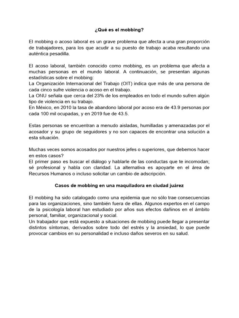 ¿Qué Es El Mobbing | PDF | Acoso | Sicología