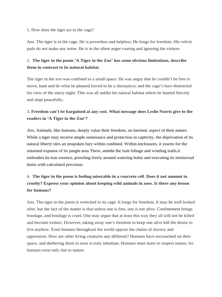 Extra Question Answer of A Tiger in The Zoo | PDF