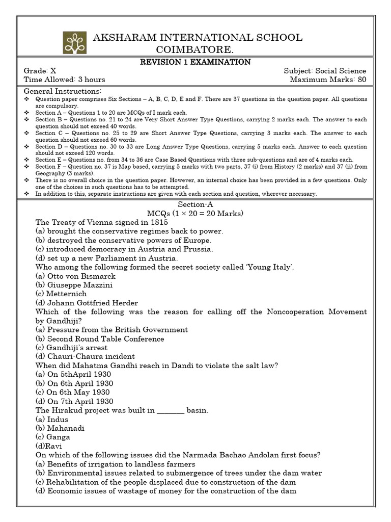 Revision 1 Grade X Social Science Question Paper | PDF | Money | Currency