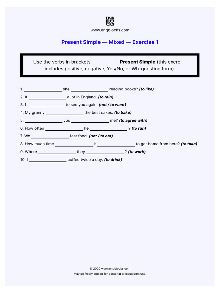 Present Simple Mixed Exercise 1 | PDF