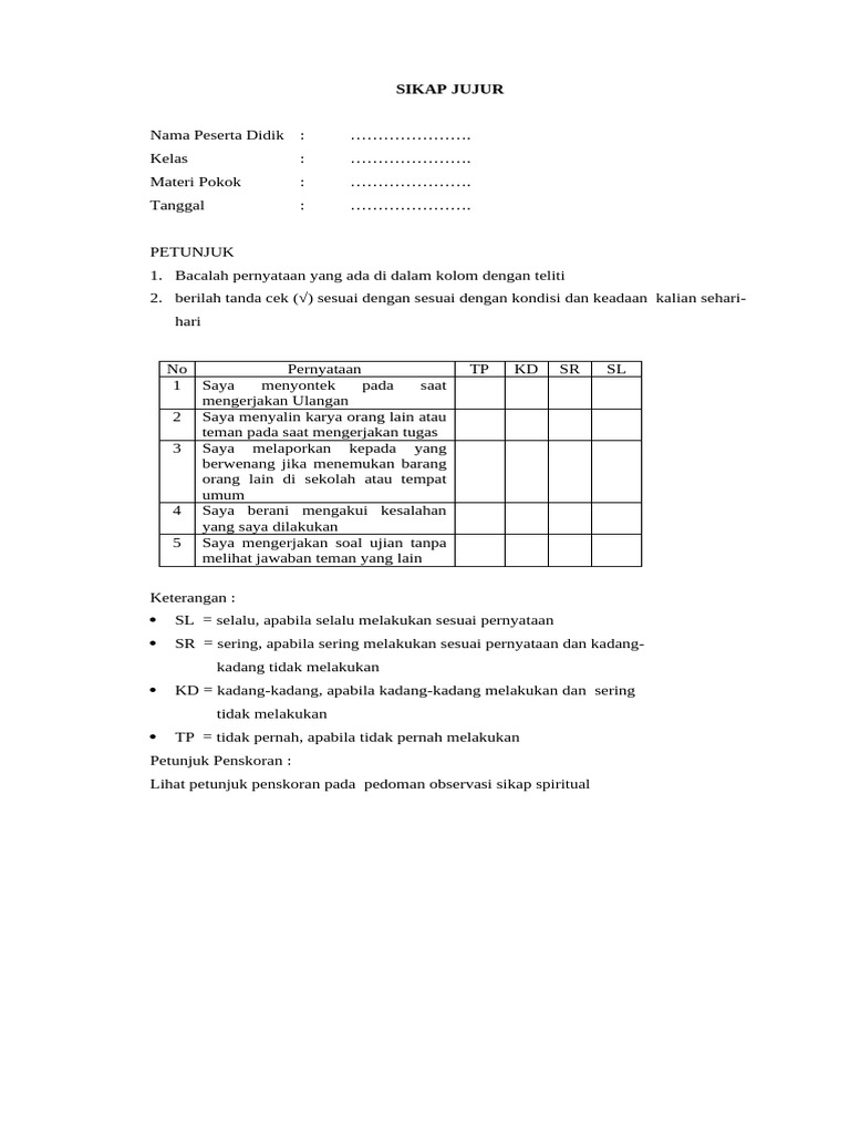 Contoh Instrumen Penilaian Diri | PDF