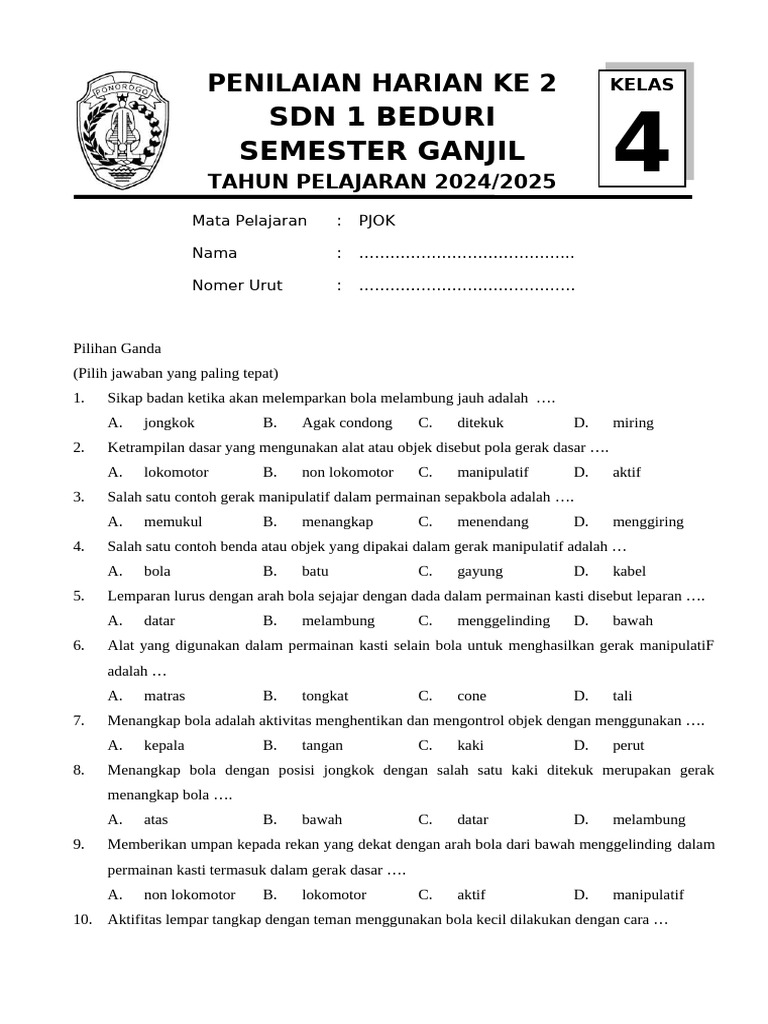 Soal PH 2 Pjok Kelas 4 SMSTR 1 | PDF