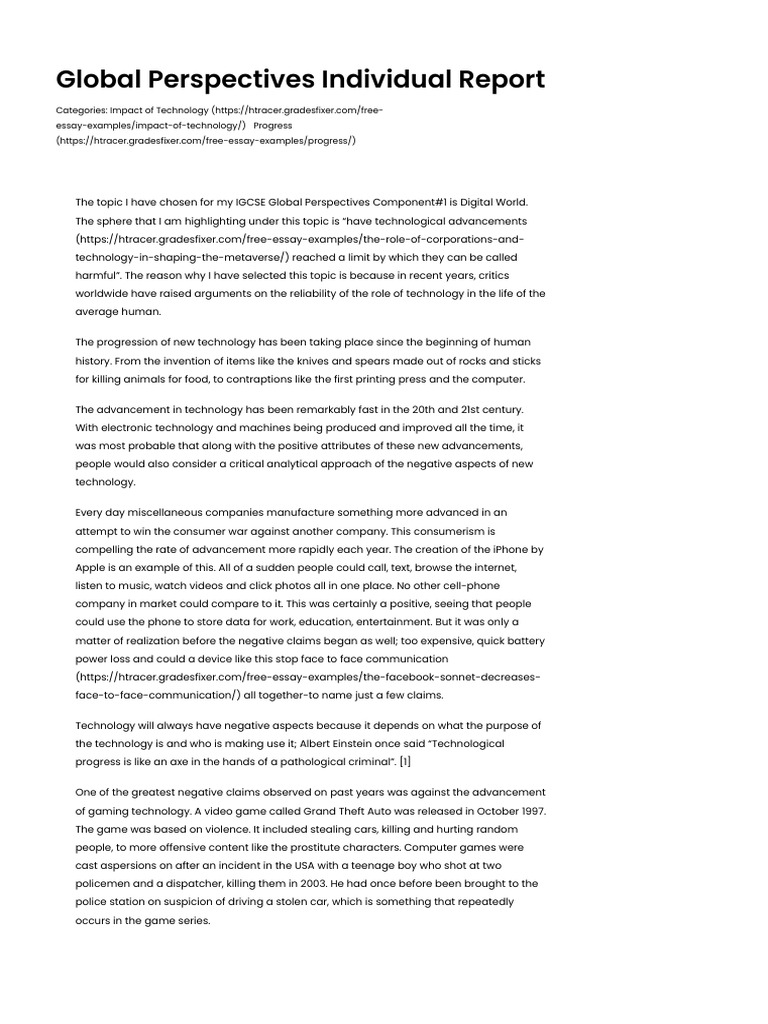 Global Perspectives Individual Report- [Essay Example] | PDF