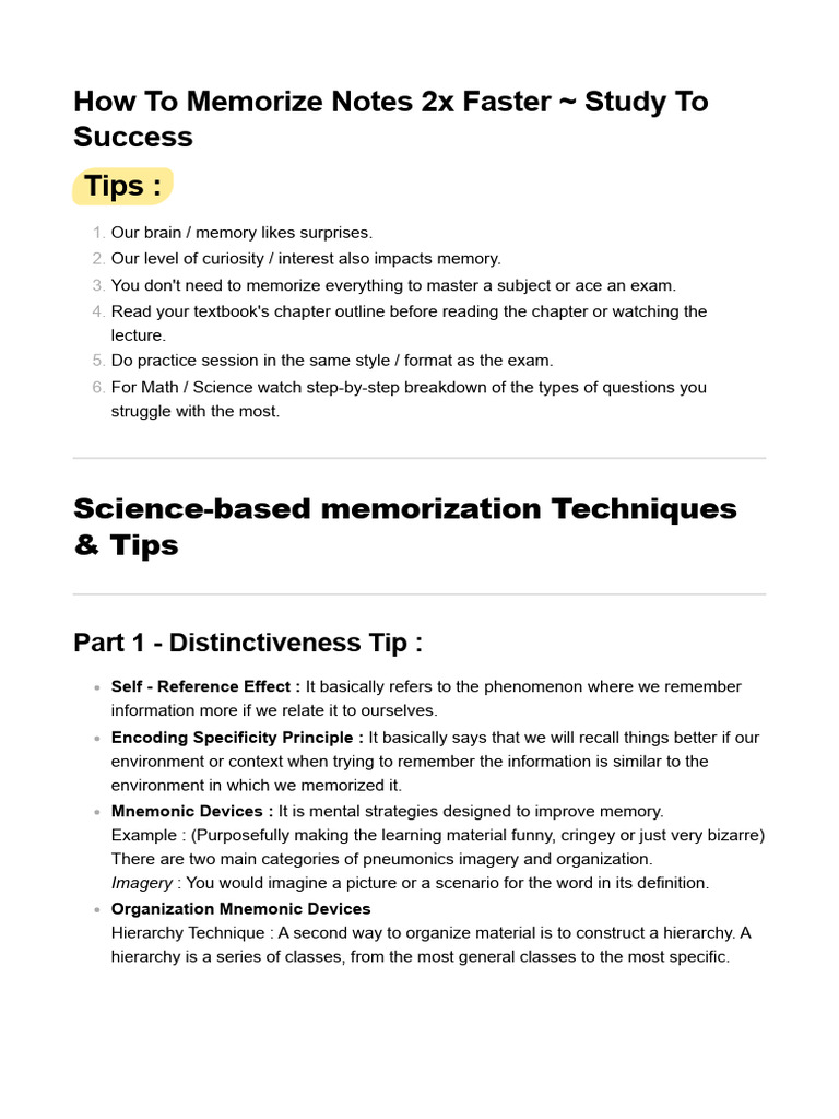 How To Memorize Notes 2x Faster Study To Success | PDF | Mnemonic | Memory