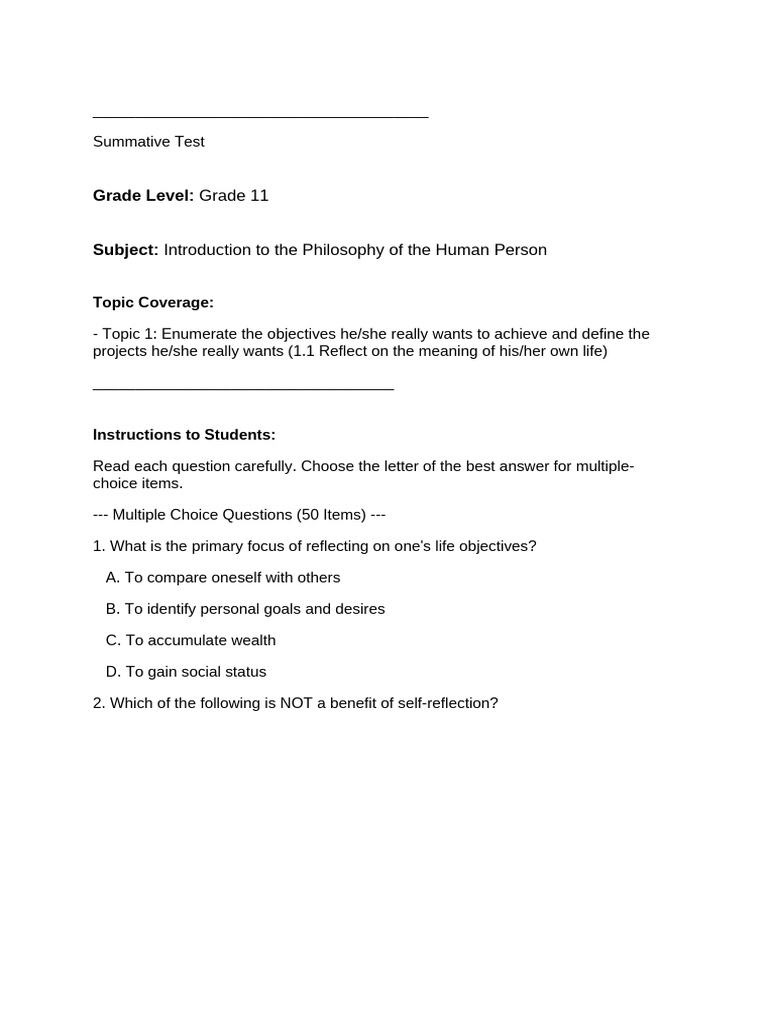 Grade 11 Philosophy Test on Life Goals | PDF | Goal | Motivational