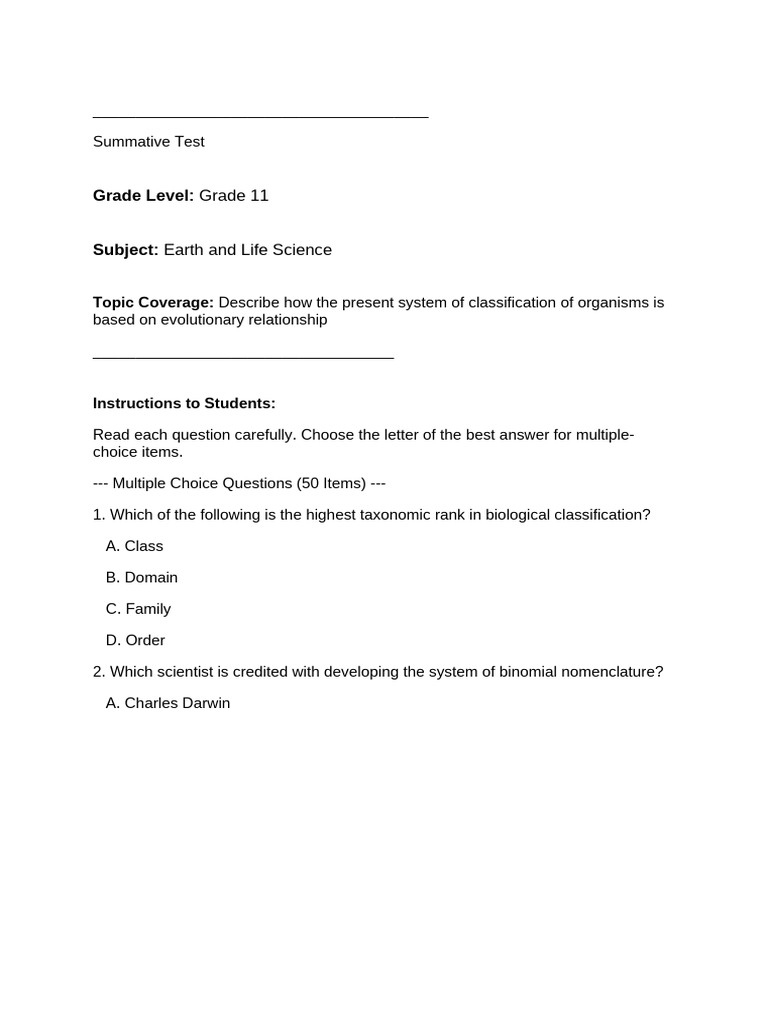 summative_test_earth and life science (10) | PDF | Biology | Biological ...