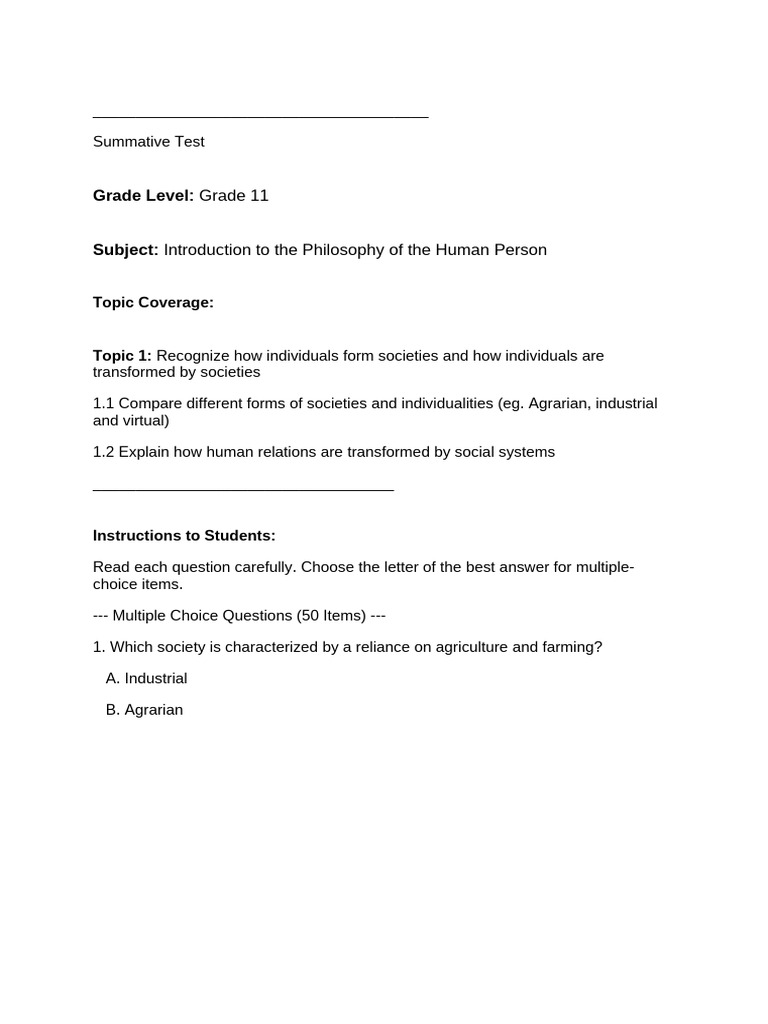 Summative - Test - Introduction To The Philosophy of The Human Person ...