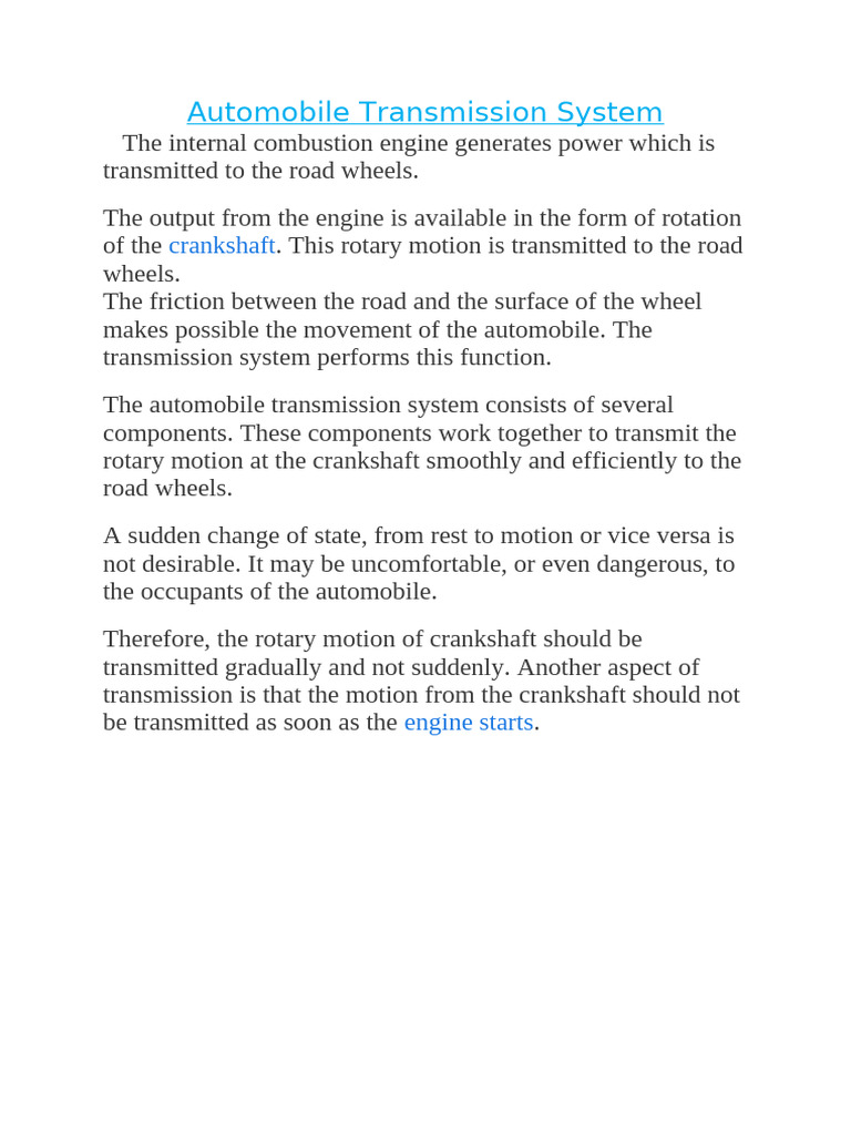 Automobile Transmission Basics | PDF | Axle | Engines