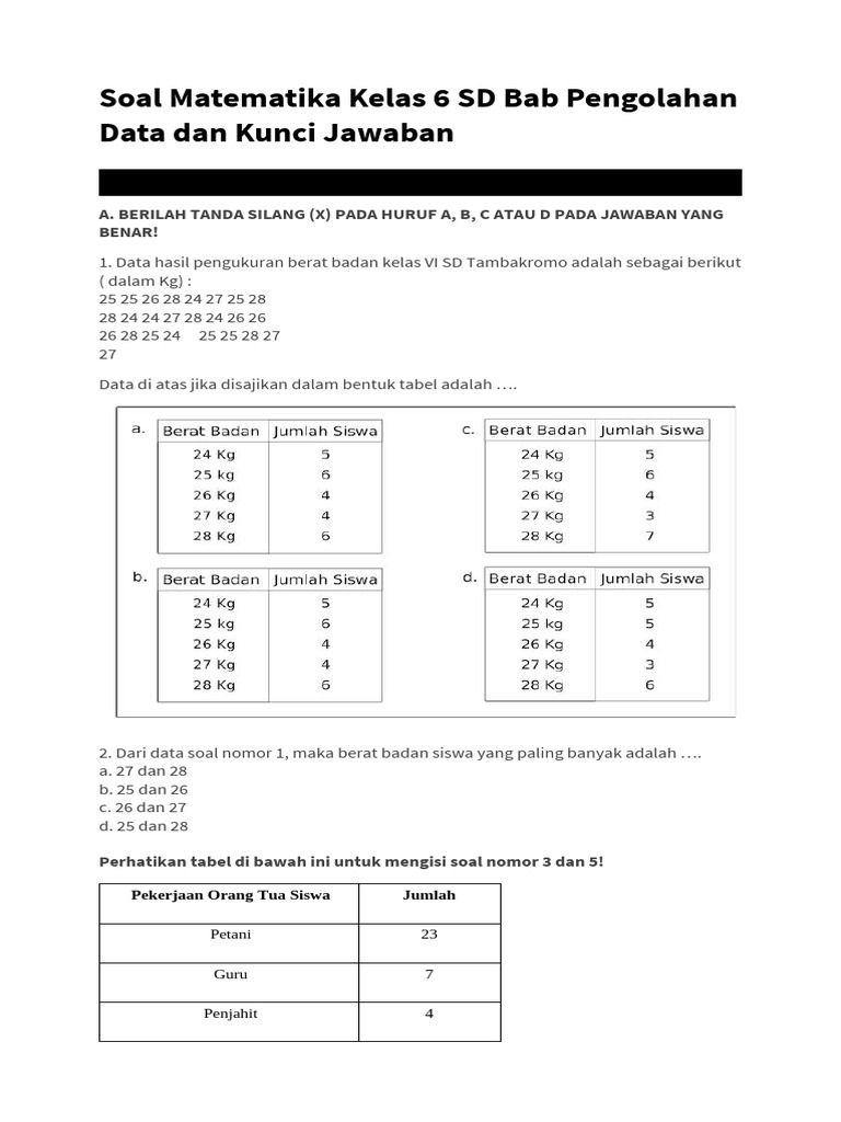 Soal Matematika Kelas 6 SD Bab Pengolahan Data Dan Kunci Jawaban | PDF