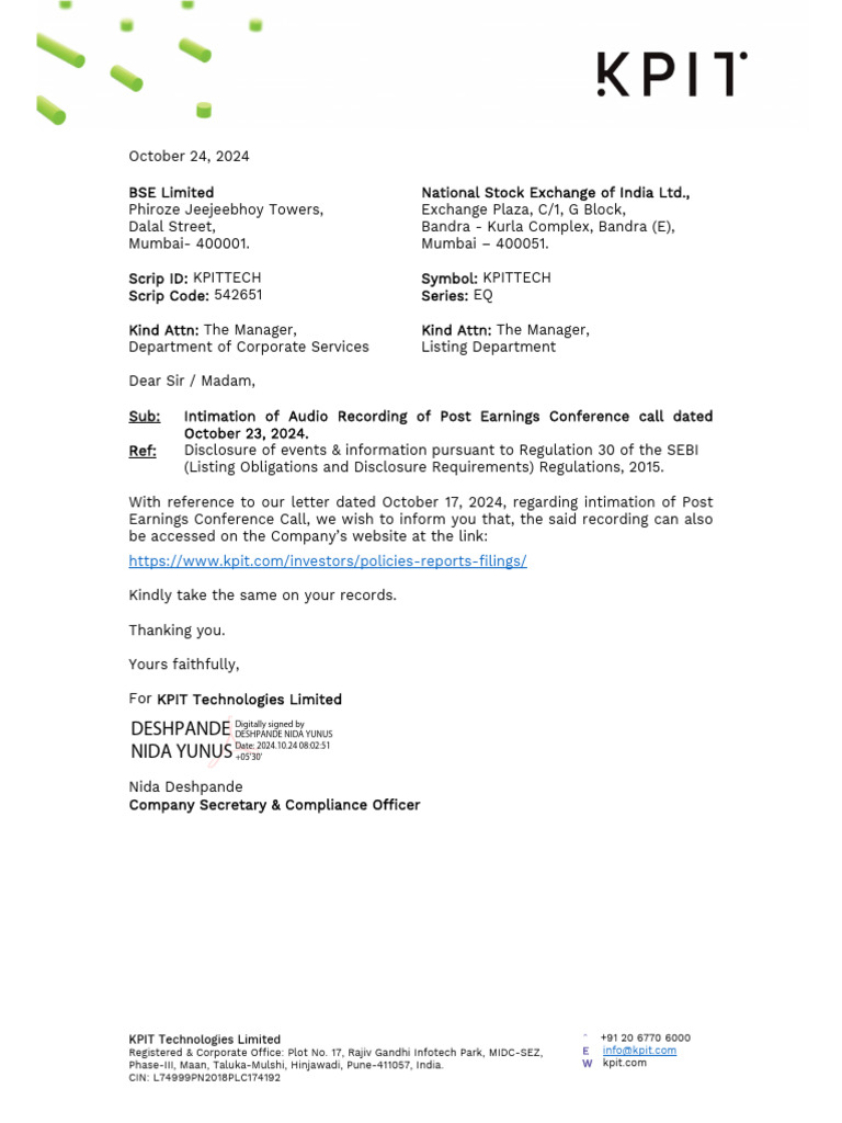 KPIT Technologies Earnings Call Recording Notice | PDF