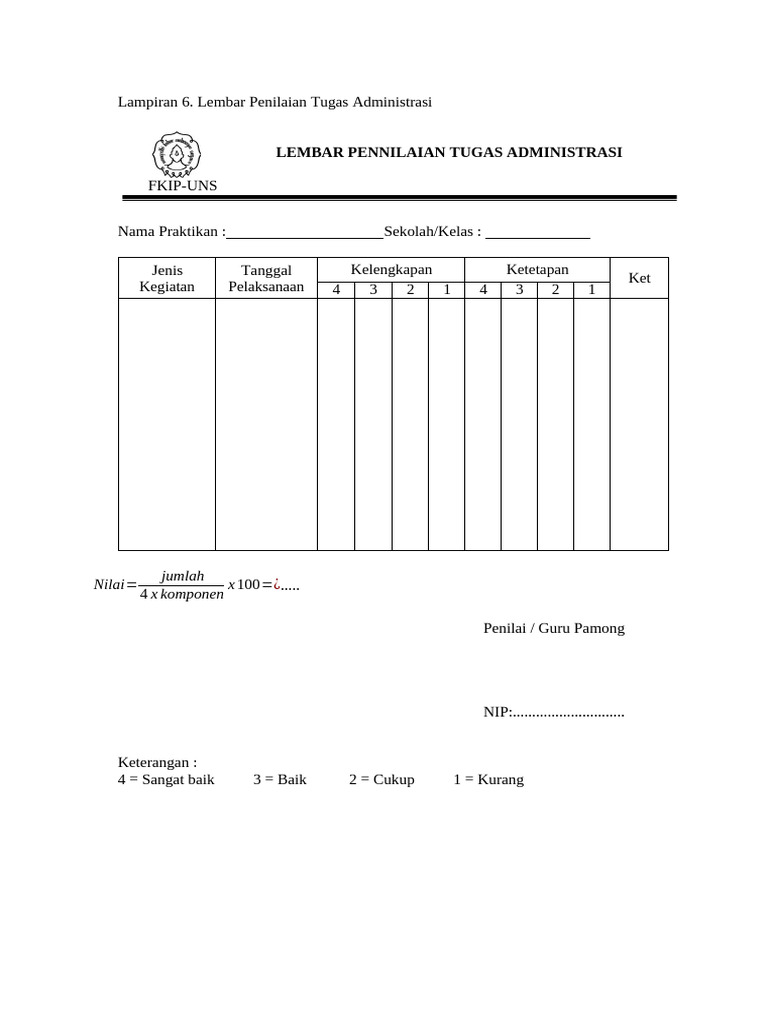 Lampiran 6. Lembar Penilaian Tugas Administrasi | PDF