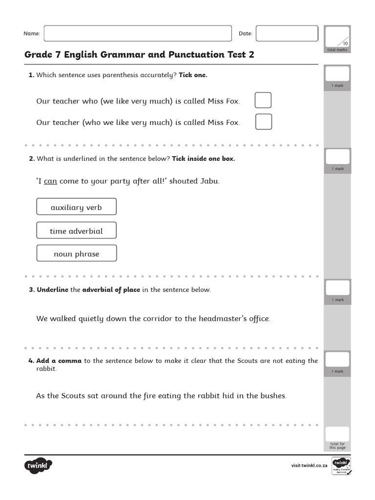 Grade 7 Grammar & Punctuation Test 2 | PDF | English Grammar | Sentence ...
