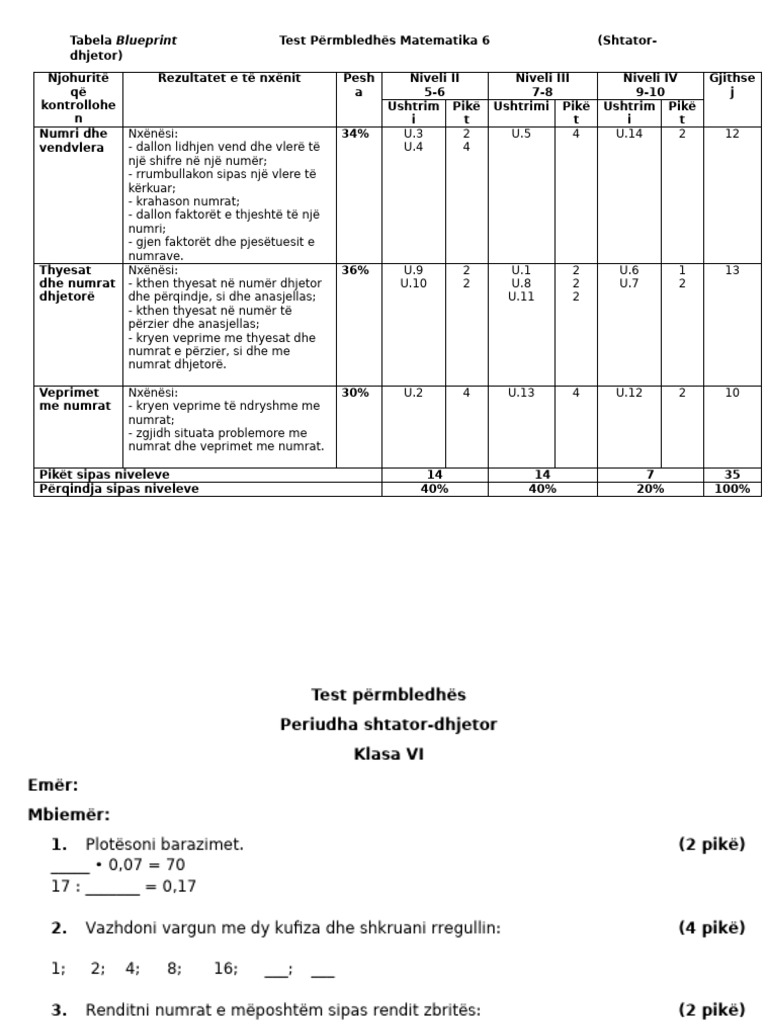 Matematika 6 - Teste Me Bluprint 2023-2024 | PDF