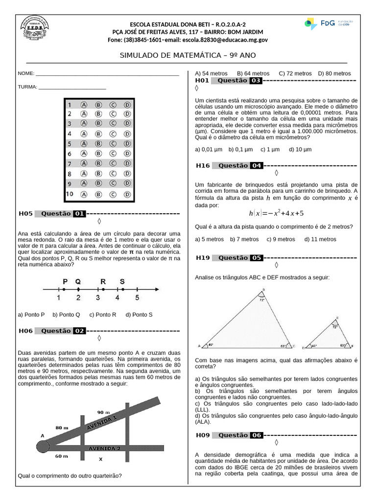 Simulado Matemática - 9º Ano | PDF | Triângulo | Metro