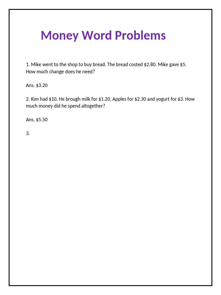 Money Word Problems & Solutions | PDF